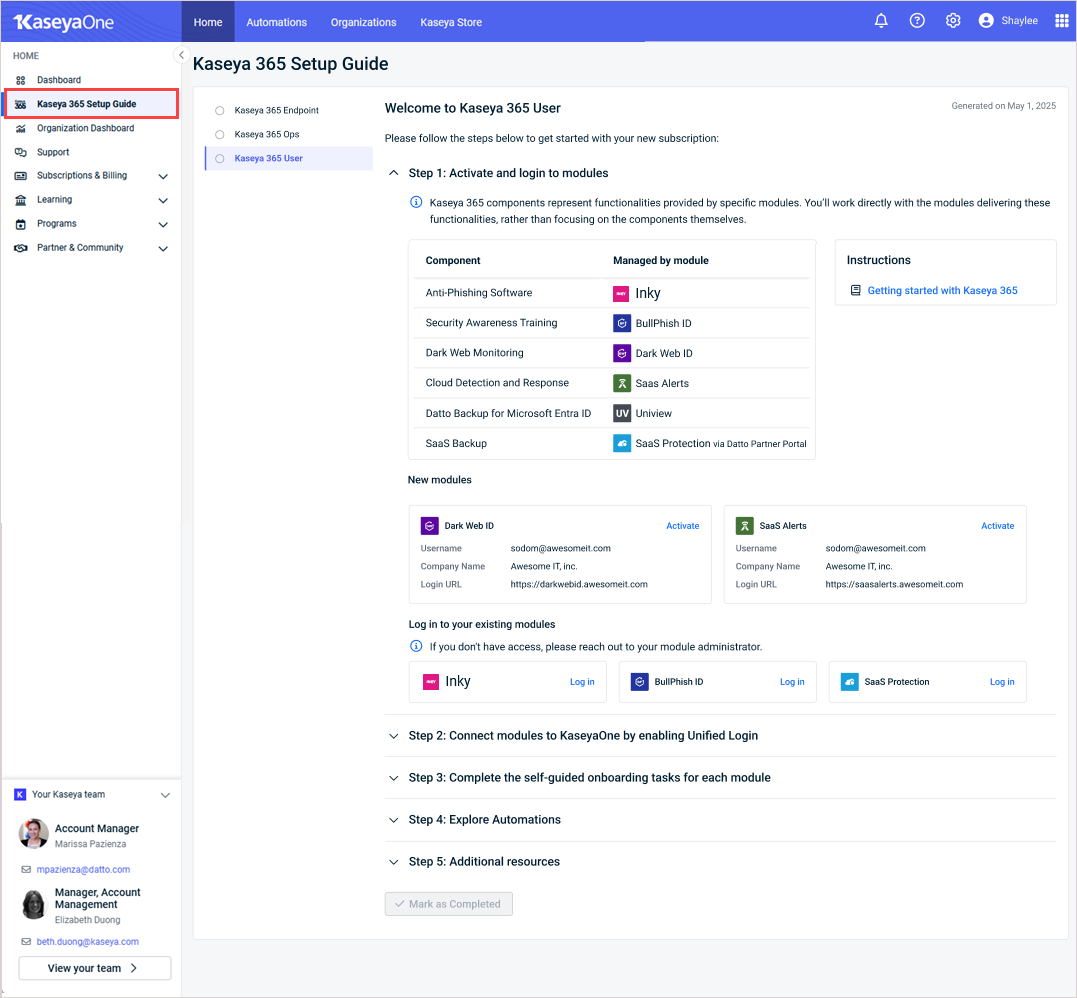 Kaseya 365 User: Onboarding without the Setup Guide page